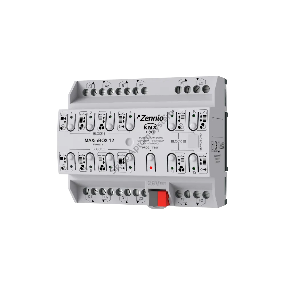 MAXinBOX 12 moduł aktorów KNX - 12 wyjść przekaźnikowych / 6 żaluzjowych 16A / 3 fan coil 2-rurowy